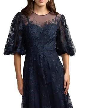 Mac Duggal Embroidered Illusion Neck Puff Sleeve A-line Gown