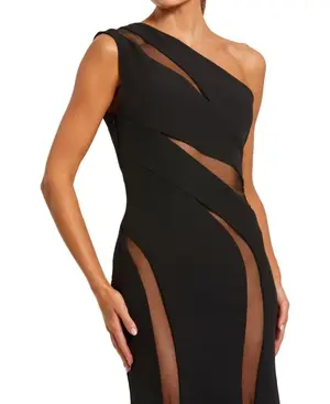 Mac Duggal One Shoulder Crepe Illusion Cutout Gown