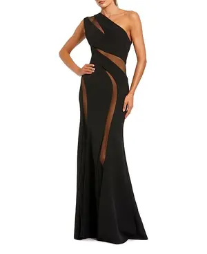 Mac Duggal One Shoulder Crepe Illusion Cutout Gown - Black