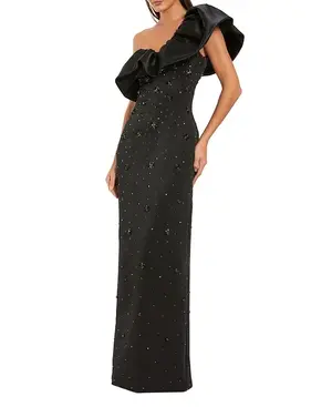 Mac Duggal One Shoulder Crepe Crystal Embellished Gown - Black