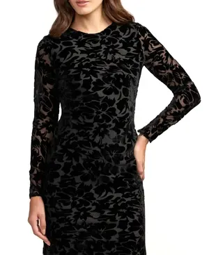 Mac Duggal High Neck Long Sleeve Floral Velvet Gown