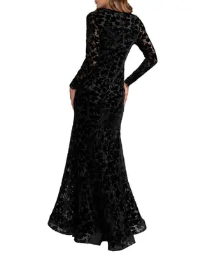 Mac Duggal High Neck Long Sleeve Floral Velvet Gown