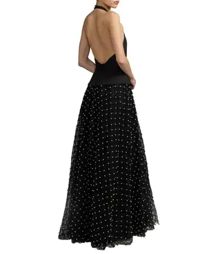 Mac Duggal Halter Neck A-line Pearl-embellished Skirt Gown