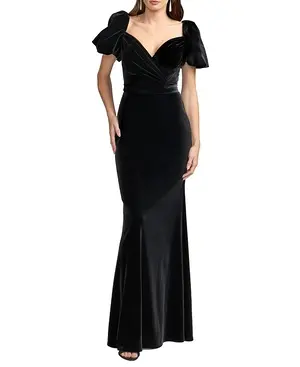 Mac Duggal Velvet Puff Sleeve Mermaid Gown - Black