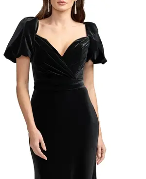 Mac Duggal Velvet Puff Sleeve Mermaid Gown