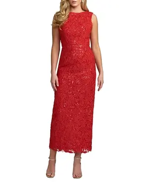 Mac Duggal Sleeveless Embroidered Lace Midi Dress - Red