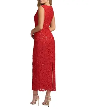Mac Duggal Sleeveless Embroidered Lace Midi Dress