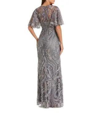 Mac Duggal High Neck Flutter Sleeve Floral Embroidered Gown