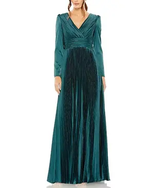 Mac Duggal Pleated Long Sleeve A-line Gown - Ocean