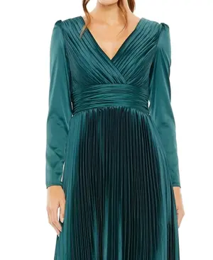Mac Duggal Pleated Long Sleeve A-line Gown