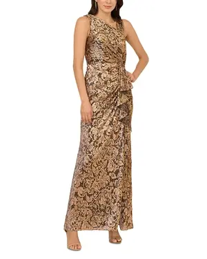 Adrianna Papell Metallic Crinkled Textured Gown - Chocolate