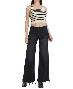 BAYEAS Mid Rise Wide Leg Denim Jeans Button Fly With Frayed Hem