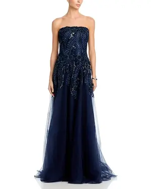Rickie Freeman For Teri Jon Embellished Tulle Strapless Gown - Navy