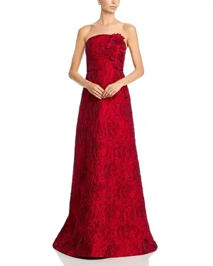 Rickie Freeman For Teri Jon Rose Jacquard Strapless Gown - Red