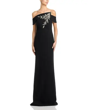 Rickie Freeman For Teri Jon Crepe Asymmetric Neck Embellished Gown - Black Silv