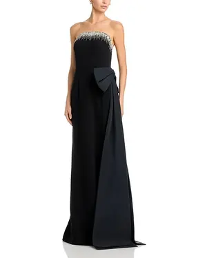 Rickie Freeman For Teri Jon Beaded Crepe Side Bow Strapless Gown - Black