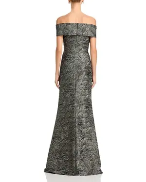 Rickie Freeman For Teri Jon Metallic Leaf Jacquard Off-the-shoulder Gown