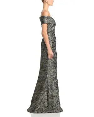 Rickie Freeman For Teri Jon Metallic Leaf Jacquard Off-the-shoulder Gown