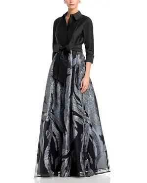 Rickie Freeman For Teri Jon Taffeta & Metallic Organza Shirtwaist Gown - Black Pew