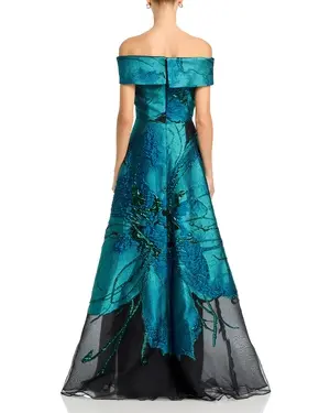 Rickie Freeman For Teri Jon Jacquard & Organza Off-the-shoulder Gown