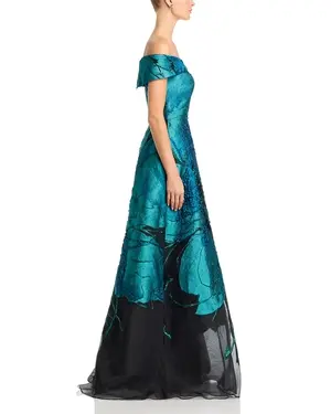 Rickie Freeman For Teri Jon Jacquard & Organza Off-the-shoulder Gown