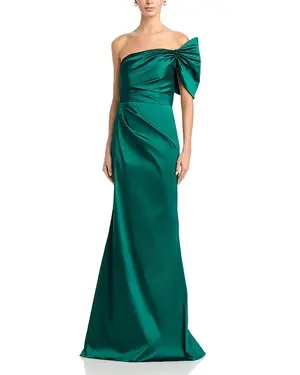 Rickie Freeman For Teri Jon Taffeta One Shoulder Bow Gown - Emerald