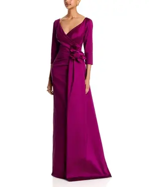 Rickie Freeman For Teri Jon Taffeta Floral Applique Draped Gown - Berry