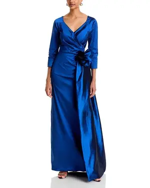 Rickie Freeman For Teri Jon Taffeta Floral Applique Draped Gown - Sapphire