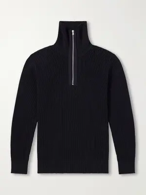 S.N.S. HERNING Fender Ribbed Wool Half-zip Sweater - Blue