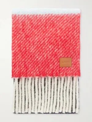 Loewe Fringed Striped Brushed Alpaca And Wool-blend Scarf - Blue