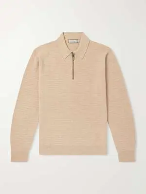 Canali Mock-rib Wool And Cashmere-blend Half-zip Polo Shirt