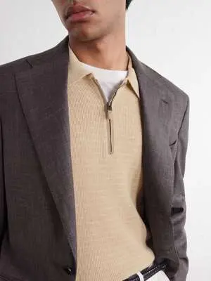 Canali Mock-rib Wool And Cashmere-blend Half-zip Polo Shirt