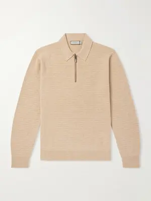 Canali Mock-rib Wool And Cashmere-blend Half-zip Polo Shirt - Neutrals