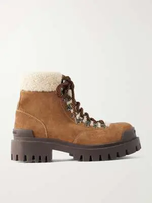 Balenciaga Shearling-trimmed Suede Boots - Brown