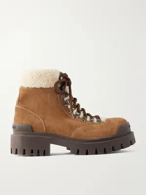 Balenciaga Shearling-trimmed Suede Boots - Brown
