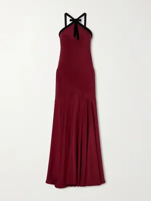 RODARTE Bow-detailed Velvet-trimmed Silk-crepe Gown - Red