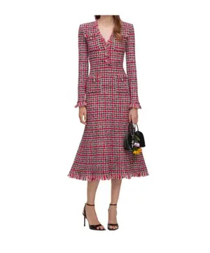 SELF-PORTRAIT Check Frayed Knit Midi Dress