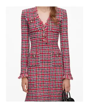 SELF-PORTRAIT Check Frayed Knit Midi Dress