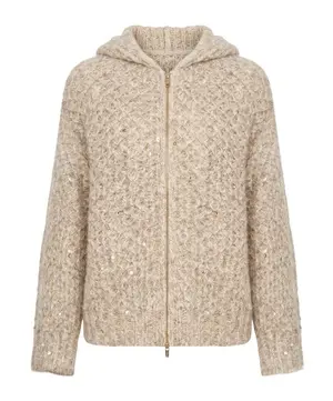 Peserico Sequined Hooded Zip-up Knit Top - Nude