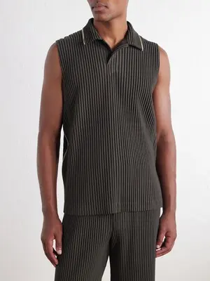 Issey Miyake Embroidered Pleated Polo Shirt - Green