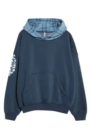 Free People Plaid Hood Pullover Hoodie - Midnight Navy Combo