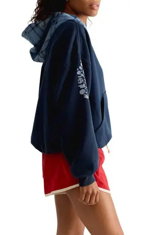 Free People Plaid Hood Pullover Hoodie - Midnight Navy Combo