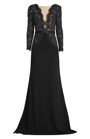Tadashi Shoji Lace Long Sleeve Cotton Blend Gown