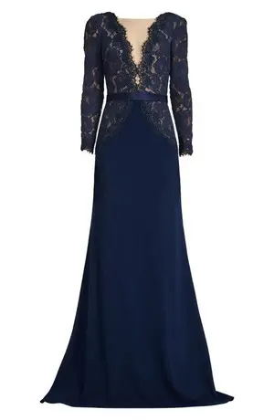 Tadashi Shoji Lace Long Sleeve Cotton Blend Gown