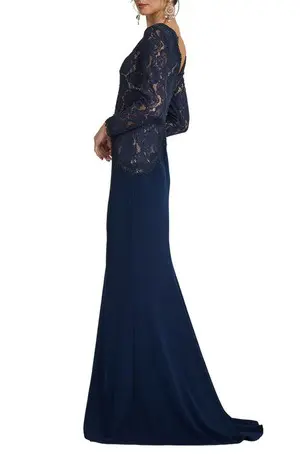 Tadashi Shoji Lace Long Sleeve Cotton Blend Gown