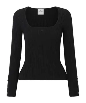 COURREGES Embroidered Ribbed-knit Top - Black
