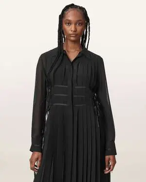 ALLSAINTS Kass Pleated Shirt Maxi Dress - Black