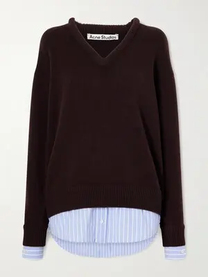 Acne Studios Layered Striped Poplin-trimmed Wool Sweater - Brown