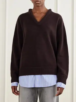 Acne Studios Layered Striped Poplin-trimmed Wool Sweater - Brown