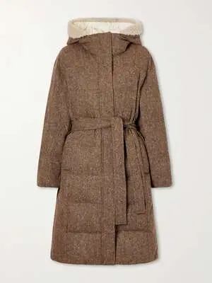 Brunello Cucinelli Hooded Belted Padded Quilted Shearling-trimmed Wool-blend Down Jacket